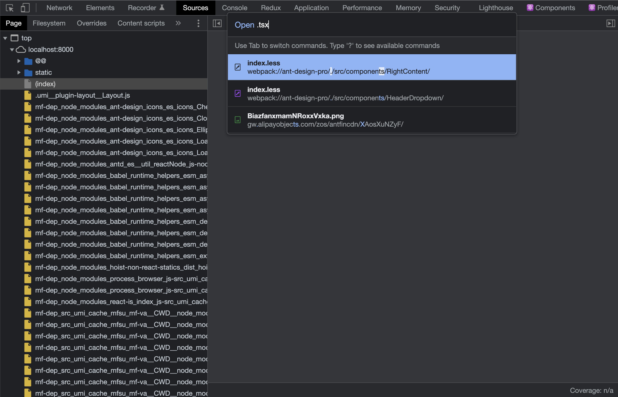🧐[问题]调试代码时在source中无法搜到 Tsx文件，只有less文件 · Issue 9679 · Ant Design Ant Design Pro · Github