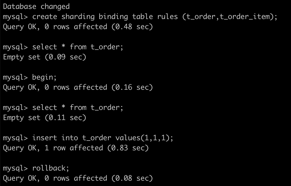After executing the "create sharding binding table rules (t_ssdb_tb_view, t_ssdb_tb);" statement ...