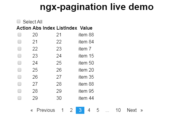 Can we select the items in the current page since the ngFor will not know about the re-arranged ...