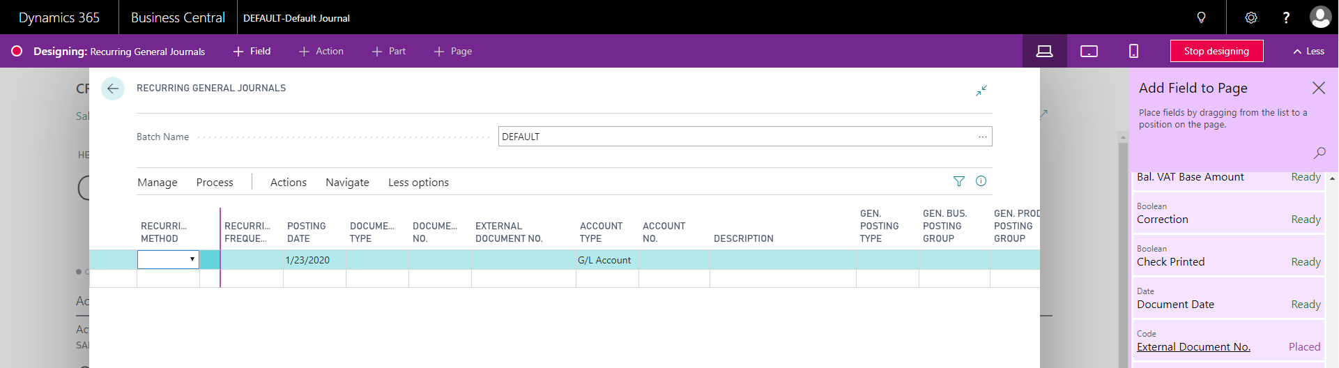 Field "External Document No." missing on page "Recurring General ...