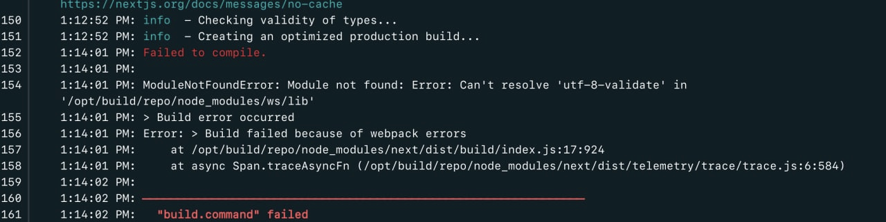 Can't resolve utf-8-validate or bufferutil by telemetry and fail build · vercel next.js ...