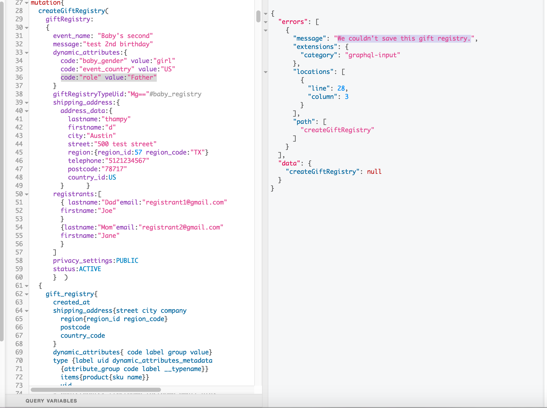 [GraphQL] CreateGiftRegisty mutation throws error when using country_code in ...