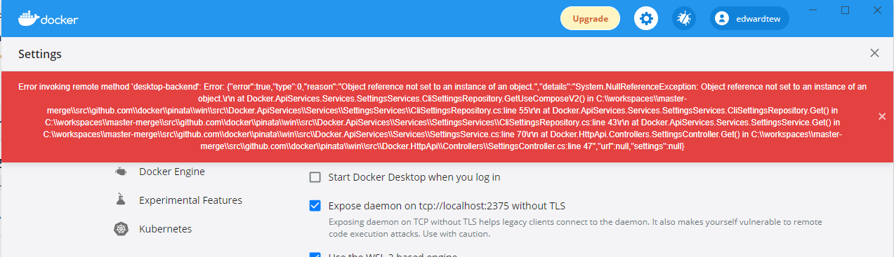 Docker Windows will not start: Cancellation token triggered before we finished reading from the ...