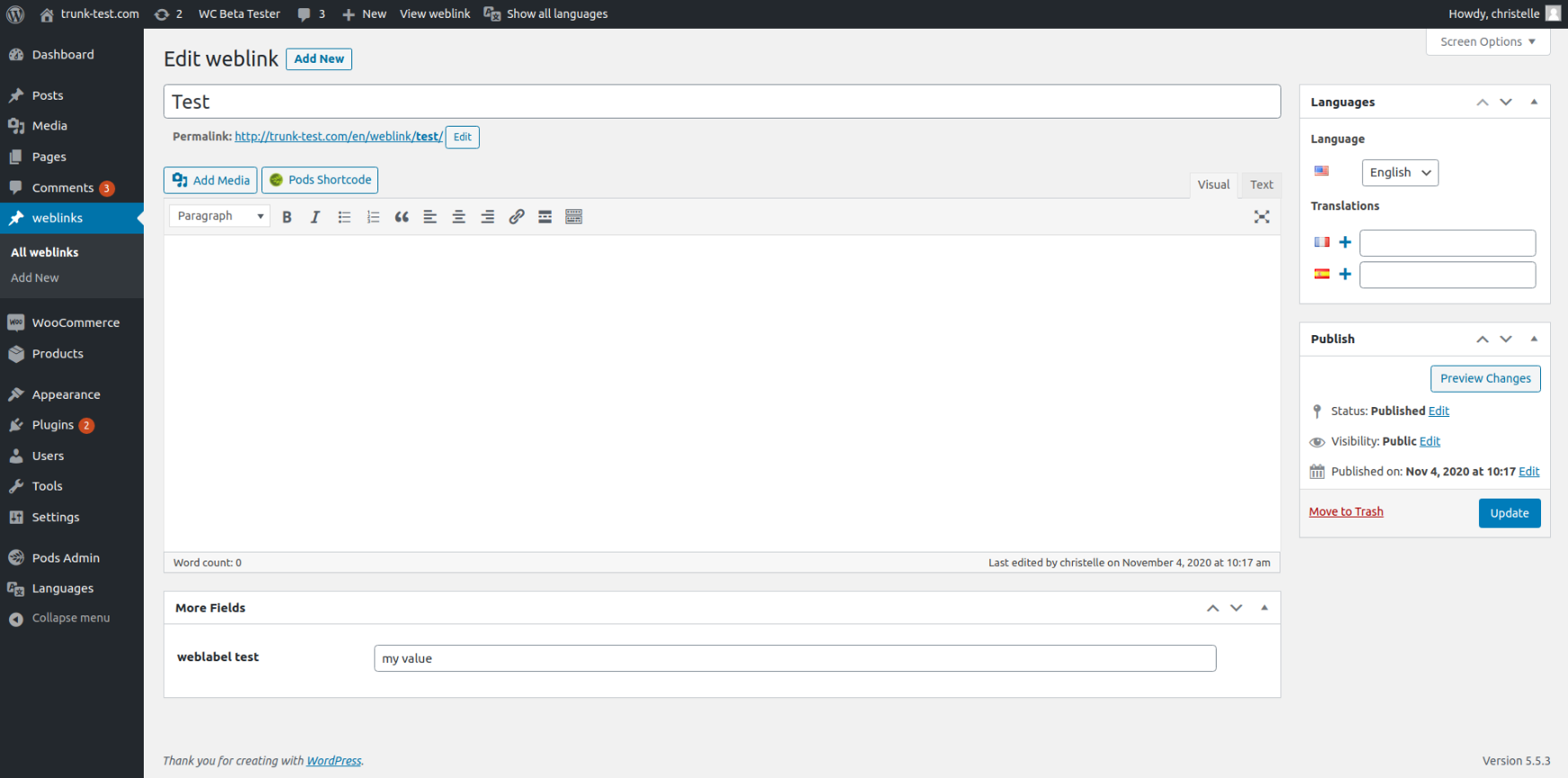 When creating a translation the values filled in the Pods custom fields are not loaded · Issue ...