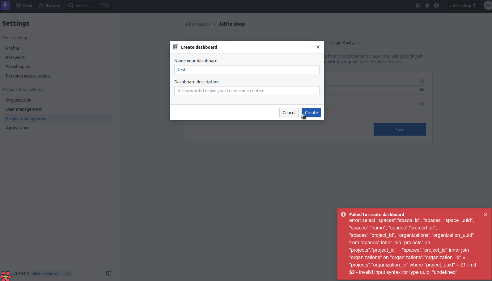 I get an error when I try to create a dashboard from a settings page · Issue #4316 · lightdash ...
