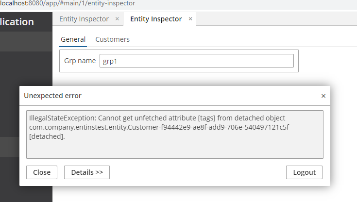 Unfetched attribute exception occurs in entity inspector when there is a transient attribute of ...