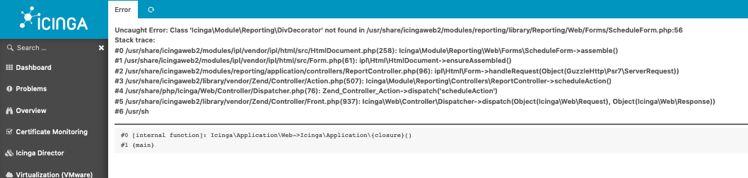 BUG: Schedule funtion throwing an error · Issue #35 · Icinga/icingaweb2-module-reporting · GitHub
