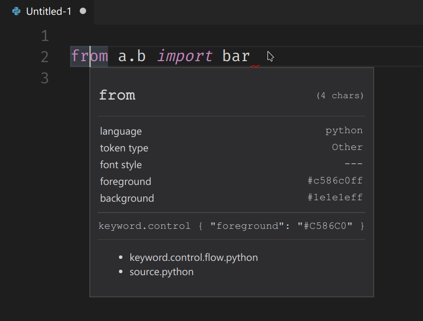`from` in the `from mod import fun` statement has `keyword.control.import.python` scope only if ...