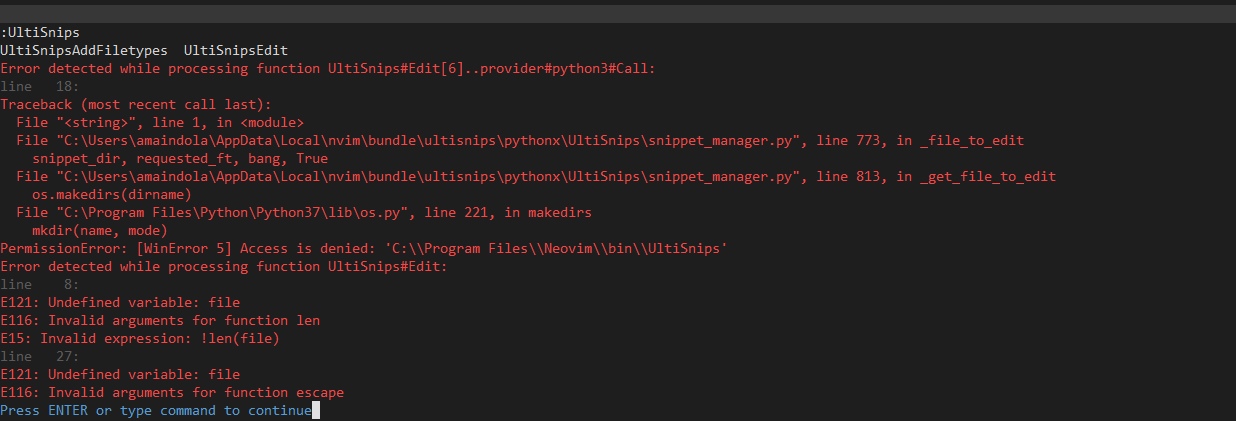 Error detected while processing function UltiSnips#Edit · Issue #1072 · SirVer/ultisnips · GitHub
