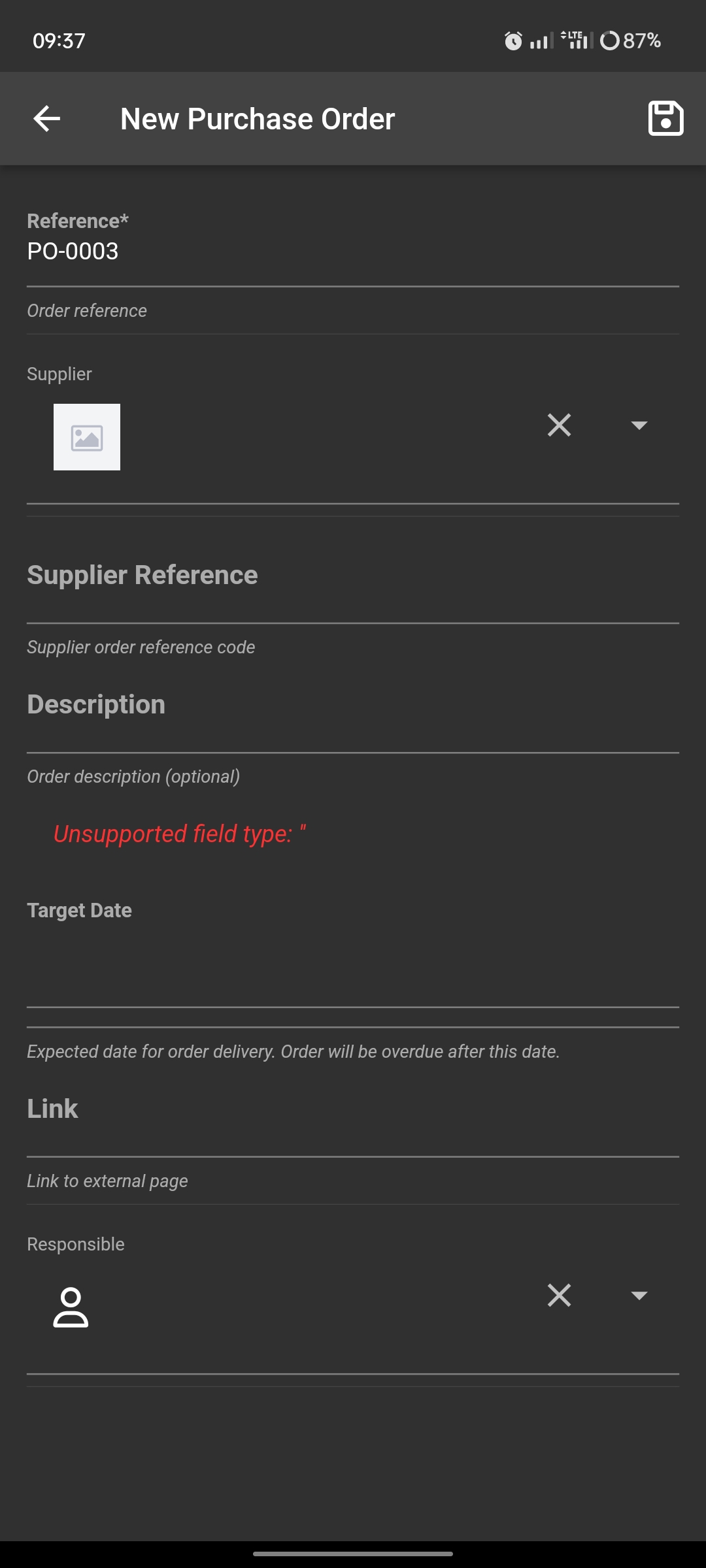 Android App New Purchase Unsupported Field Type · Issue 353 · Inventree Inventree App · Github