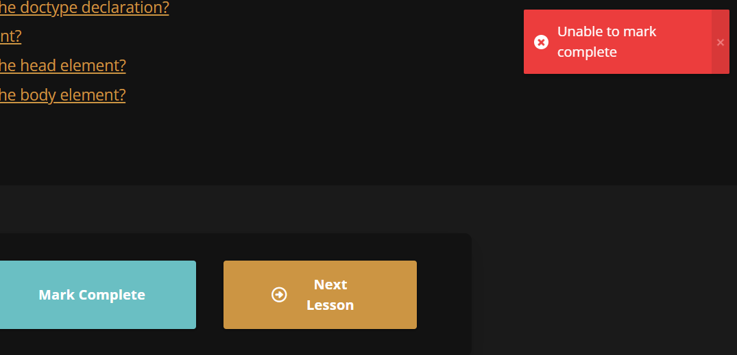 Bug - : keep showing unable to complete modal, after clicking 'mark ...