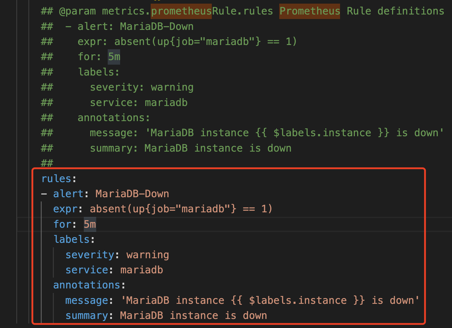 mariadb prometheusRule template failed · Issue #10164 · bitnami/charts · GitHub