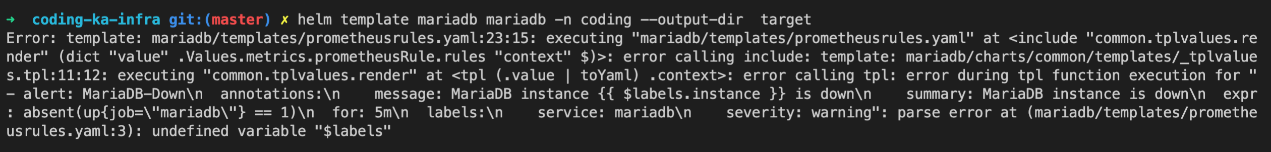 mariadb prometheusRule template failed · Issue #10164 · bitnami/charts · GitHub