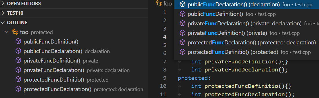 Feature Request: Allow outline panel to show access specifier (i.e. private, public, protected ...