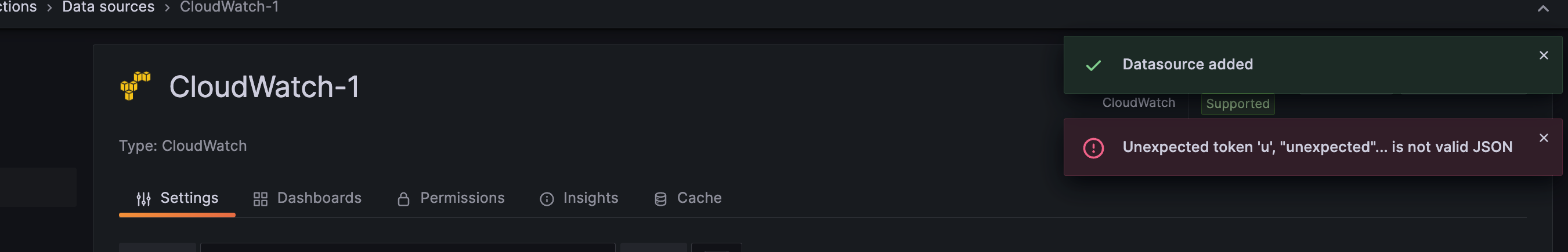 Cloudwatch: unexpected "u" error when creating new datasource · Issue #74703 · grafana/grafana ...
