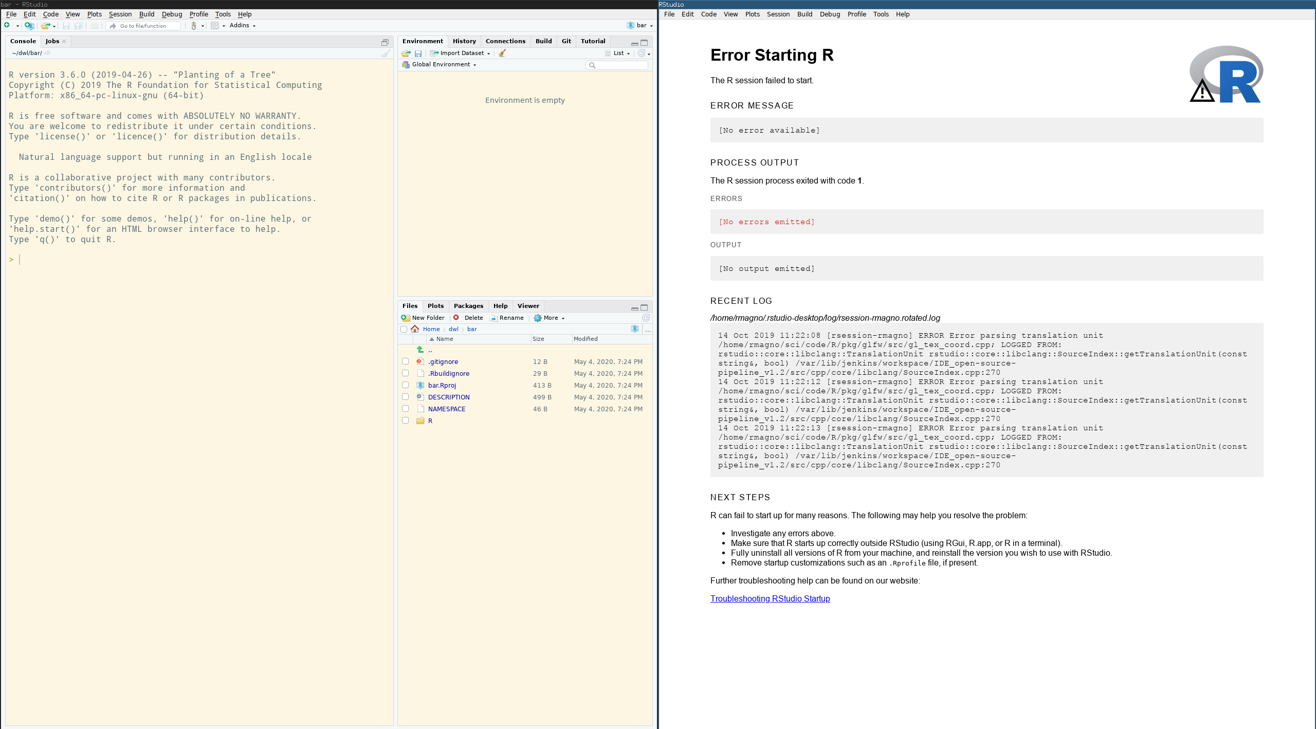 New project > New Package with devtools results in: "Error: Internal ...