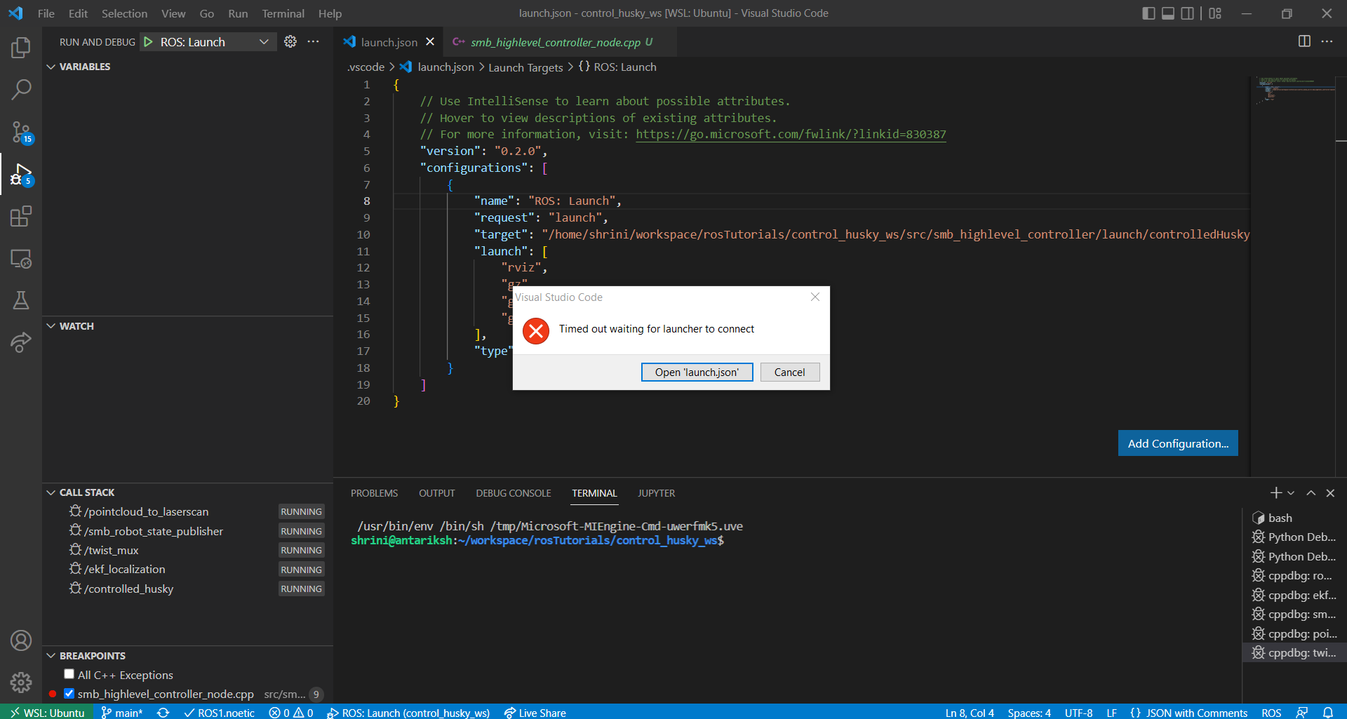[bug] Debugging with ROS extension fails. "Timed out waiting for launcher to connect" · Issue ...
