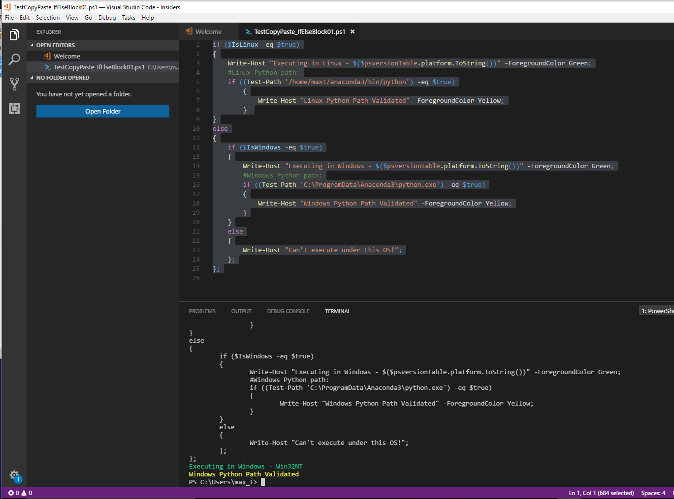 Ifelse Block Wont Execute When Using Copypaste Into Pscore Console In Both Windows And Linux