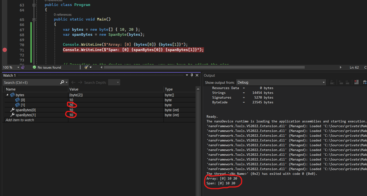 SpanBytes invalid output in debbuger · Issue #1407 · nanoframework/Home ...