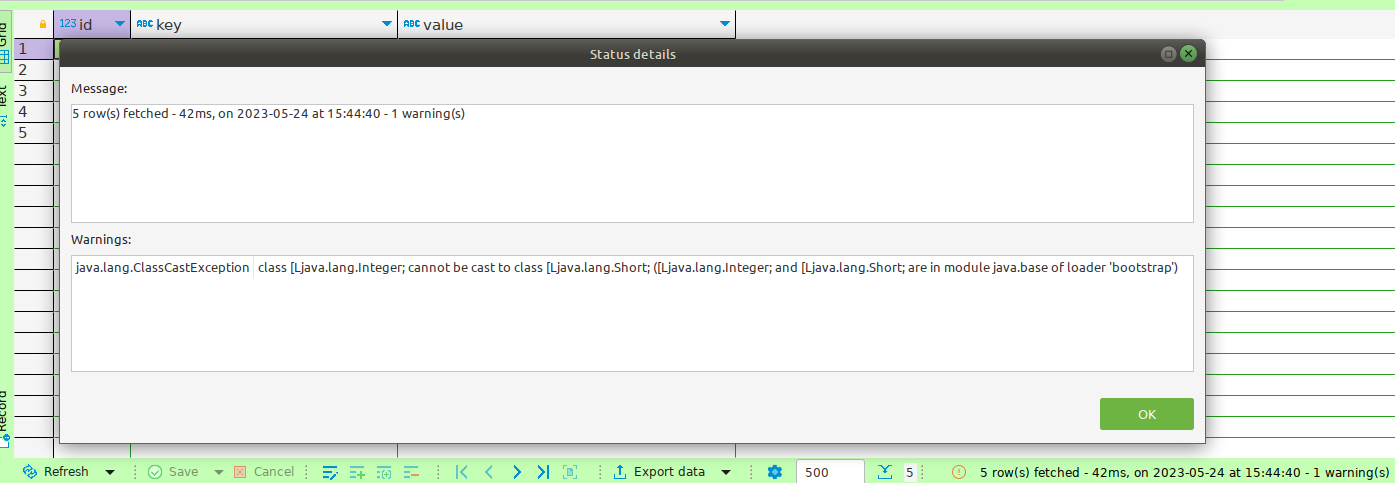Warning/error when selecting from certain tables ClassCastException Integer/Short · Issue #20075 ...