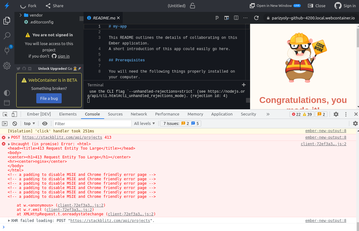 Forking doesn't work if npm start is running · Issue #1571 · stackblitz/core · GitHub