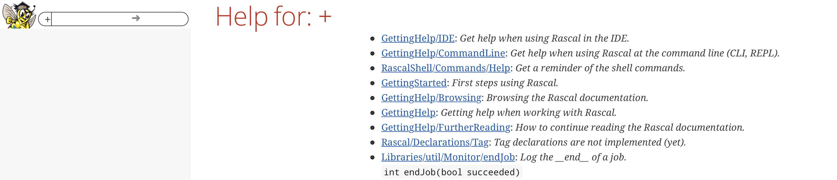 The documentation tutor breaks when searching for `+` · Issue #1294 · usethesource/rascal · GitHub