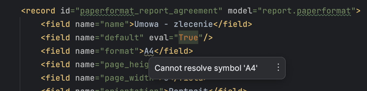 Cannot resolve format selection value reference in report.paperformat · Issue #264 · odoo-ide ...