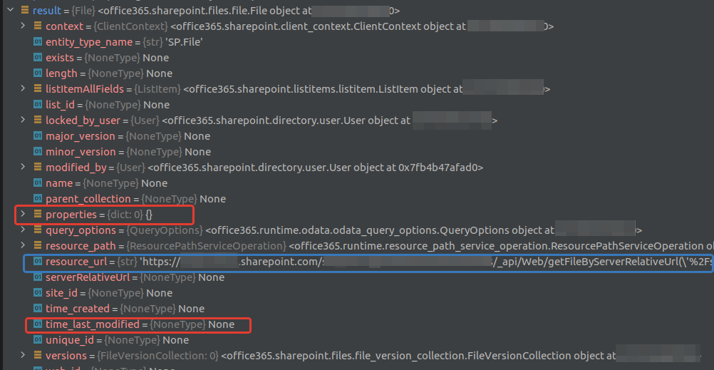 Office365 return None for properties after execute get_file_by_server_relative_url method ...