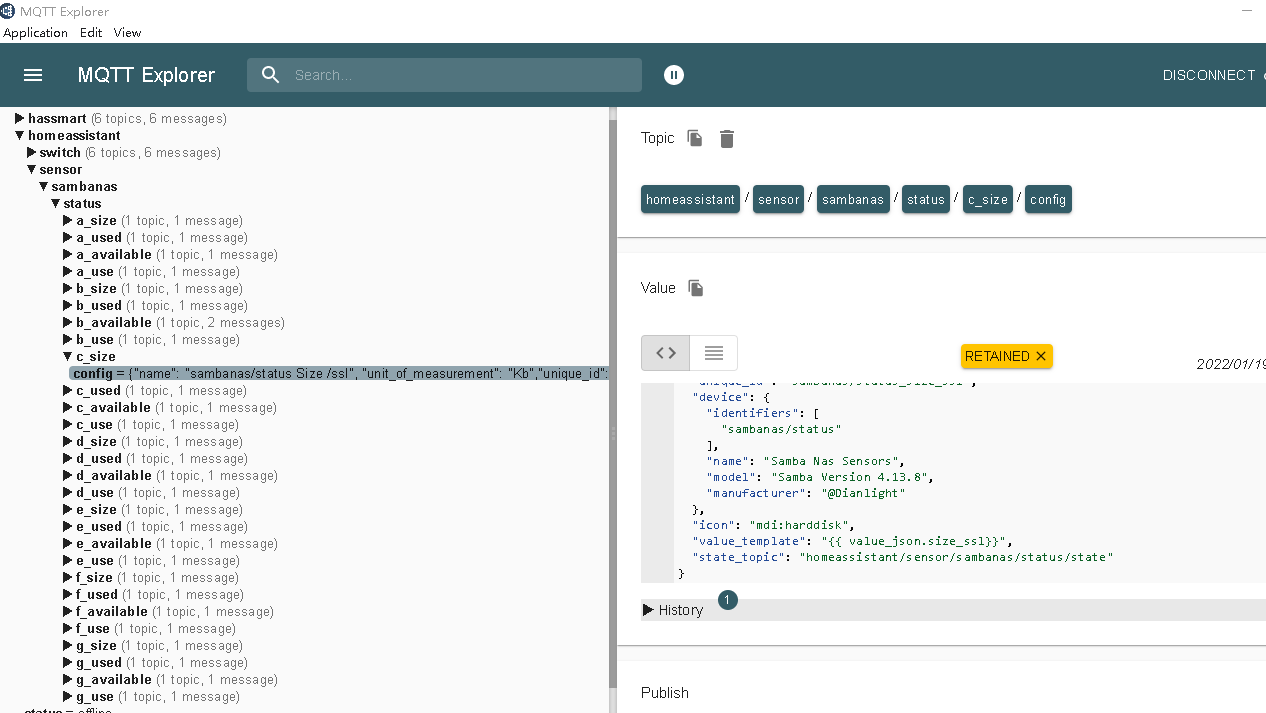 Can't use of mqtt to send disk status data work: Client mosq-eRKSkqOSg3iiBIO9av disconnected ...