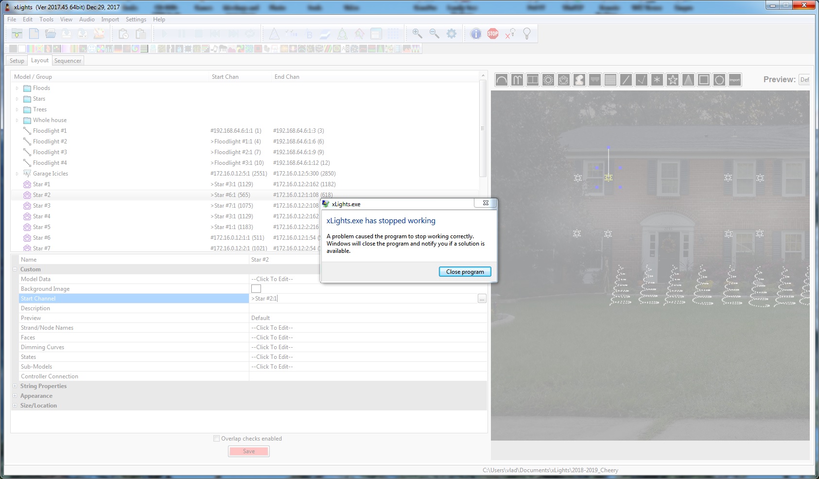 xLights 2017.45+ versions crash when changing Start channel in Layout tab to be circular or ...