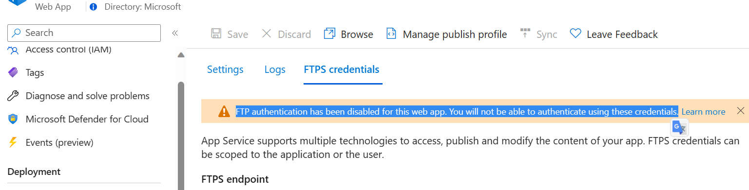 How to enable the FTPS deployment · Issue #112383 · MicrosoftDocs/azure-docs · GitHub