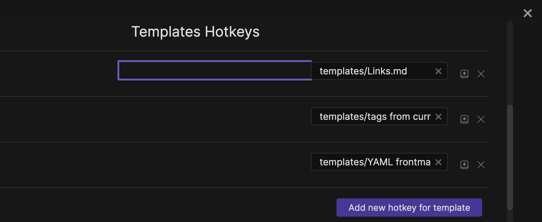 Make hotkeys field wider and show assigned keys? · Issue #390 · SilentVoid13/Templater · GitHub