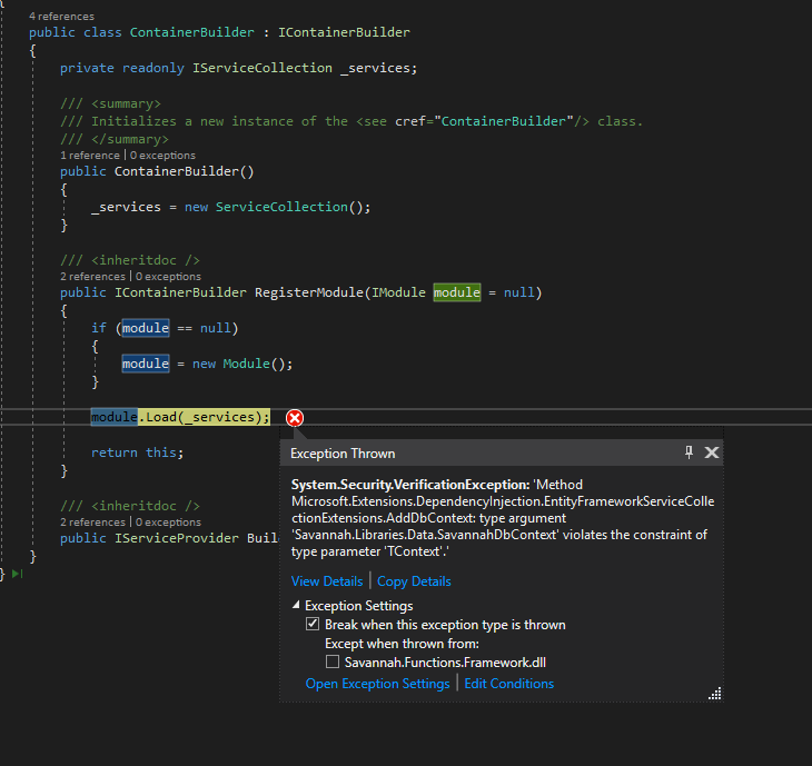 Verificationexception Method Microsoft Extensions Dependencyinjection