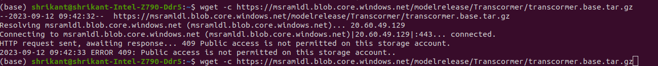 Unable to download the pretrain transcormer model @https://msramldl.blob.core.windows.net ...