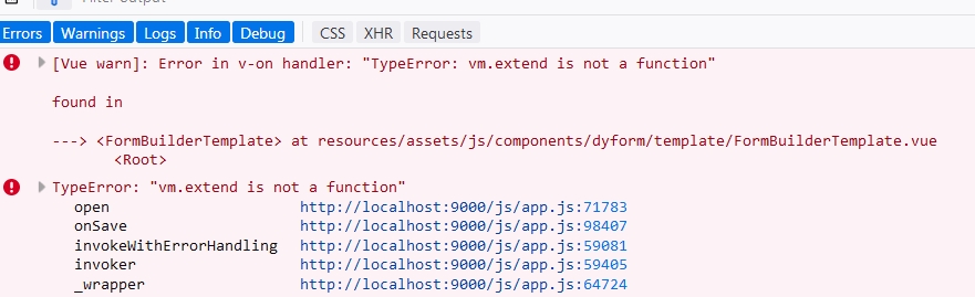 Toast Error in v-on handler: "TypeError: vm.extend is not a function ...