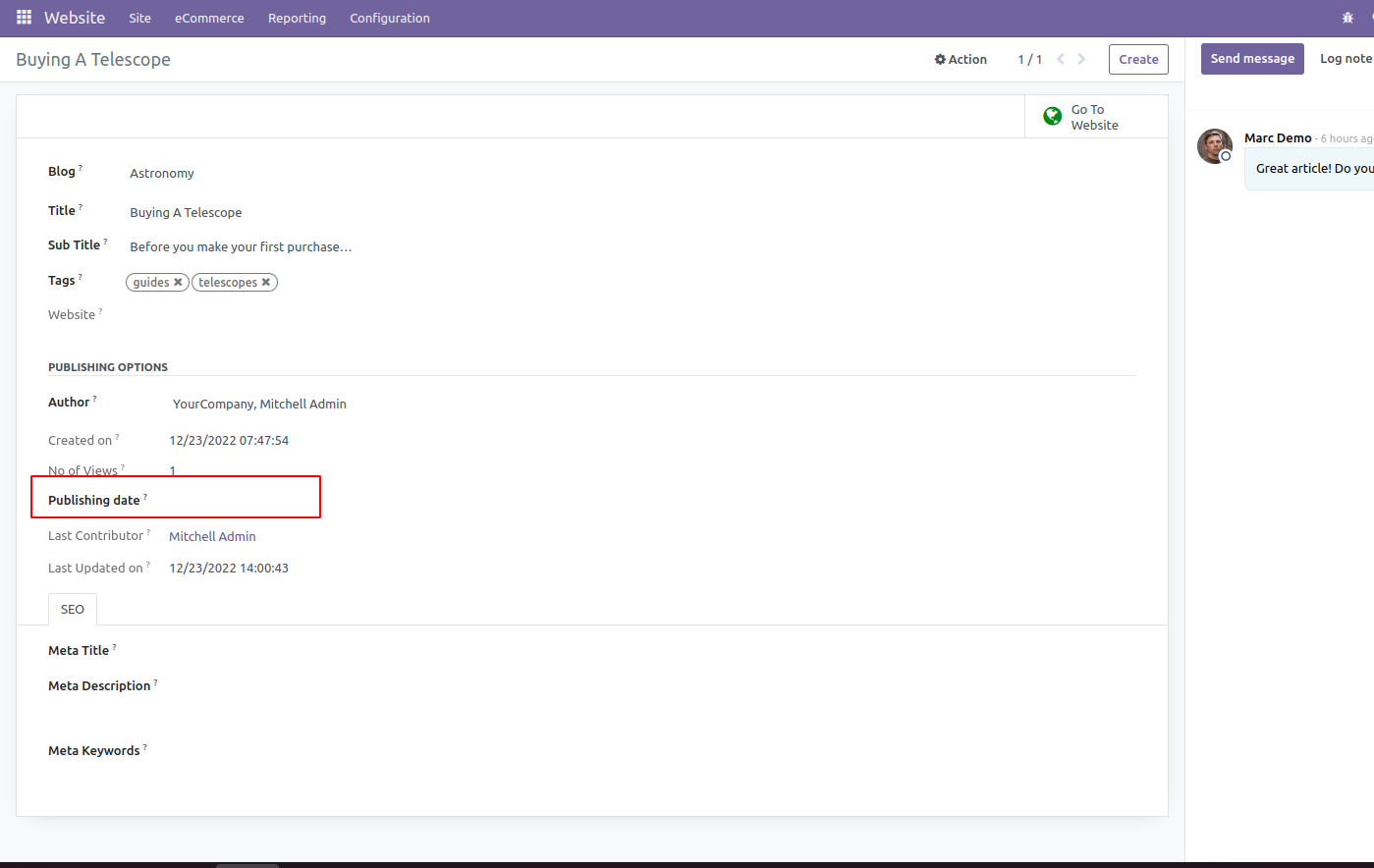 [16.0] - Odoo Blog Post Website - Error page appear when the field post_date is not set. · Issue ...