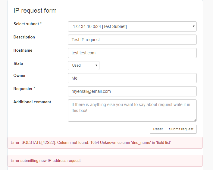 [Bug] SQL Error when submit IP request · Issue #1666 · phpipam/phpipam · GitHub