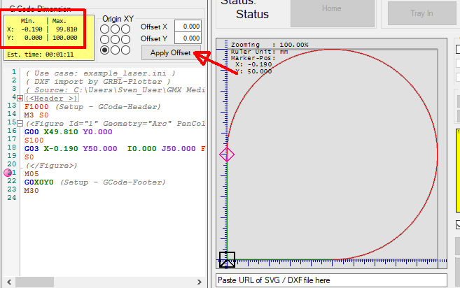The clockwise arc generated is not G02 but G03 (I have turned off the ...