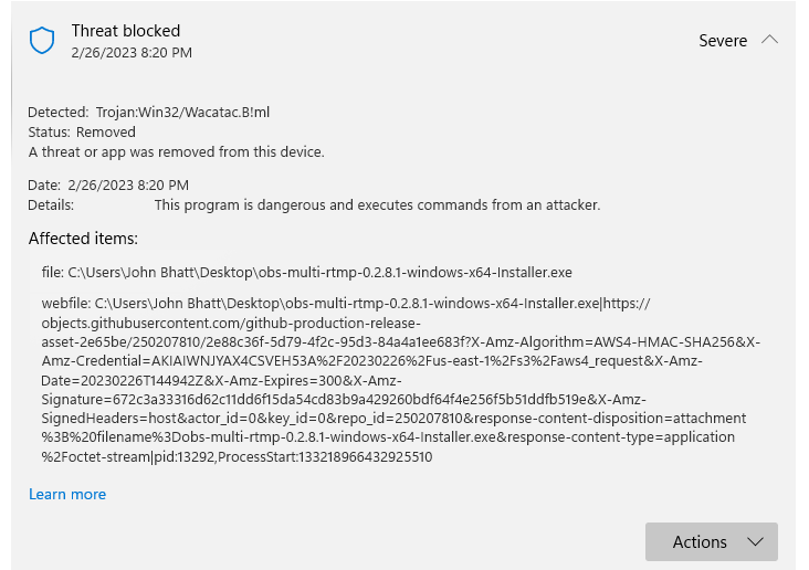 Download Blocked Trojan:Win32/Wacatac.B!ml · Issue #253 · sorayuki/obs-multi-rtmp · GitHub