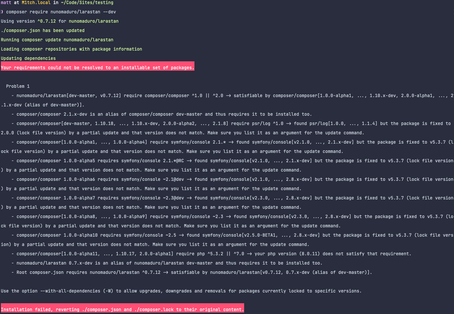 Cannot install in a v8.62.0 Laravel project · Issue #952 · larastan/larastan · GitHub