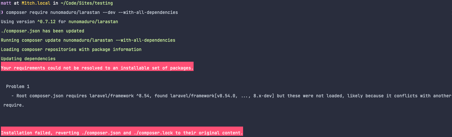 Cannot install in a v8.62.0 Laravel project · Issue #952 · larastan/larastan · GitHub