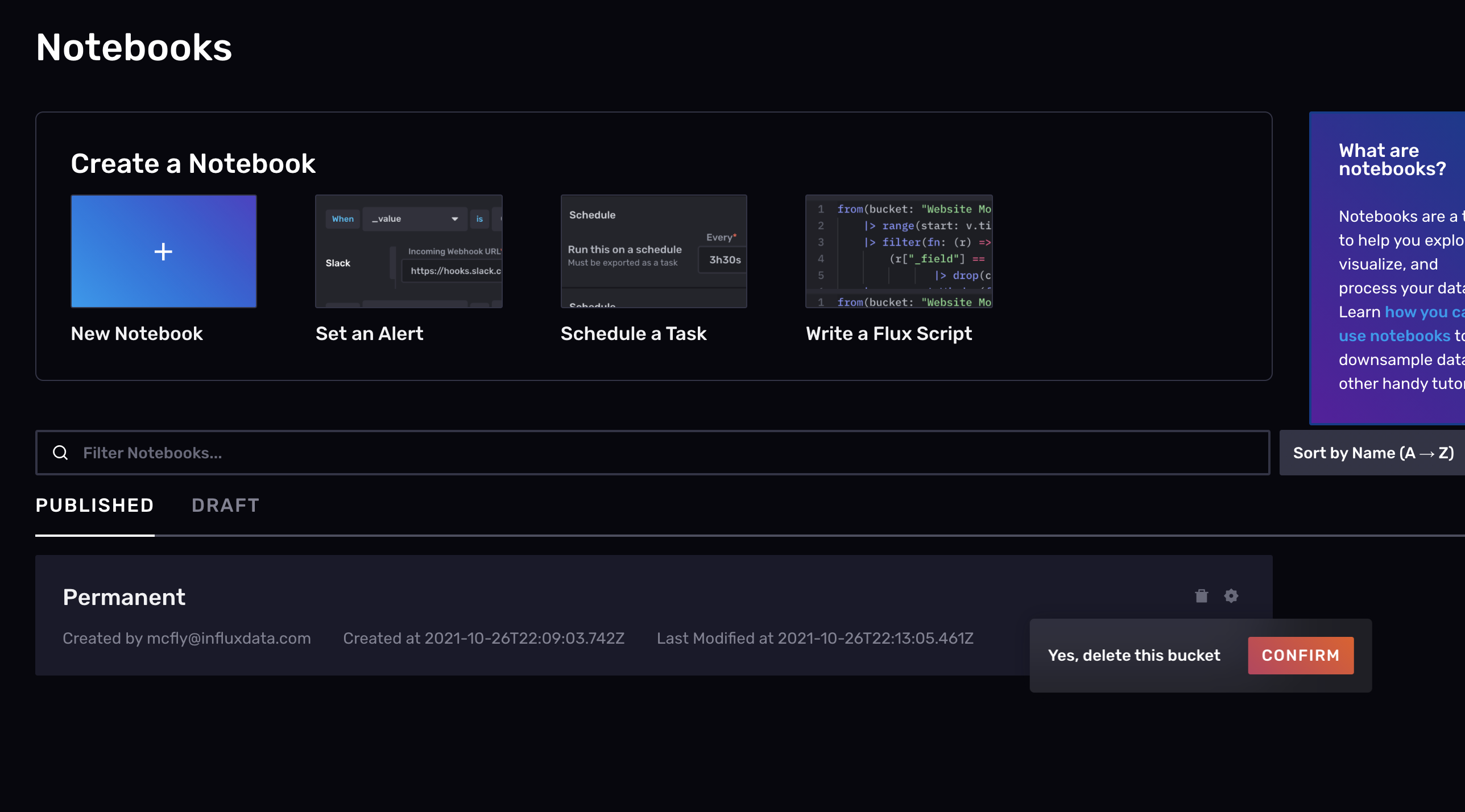 Wording incorrect when deleting a notebook: · Issue #3046 · influxdata/ui · GitHub