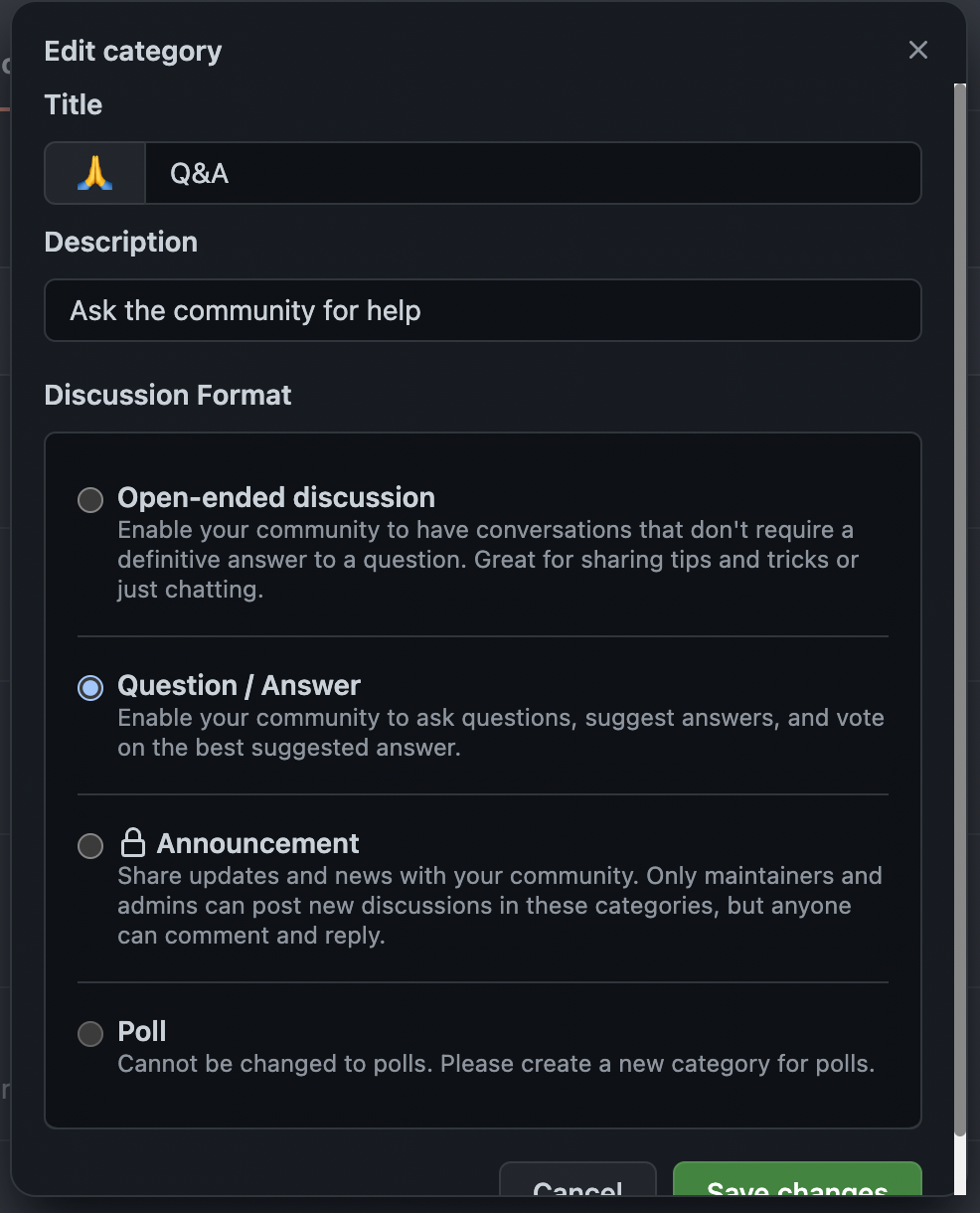 The syntax of discussion category forms have no options for the emoji icon, description and ...