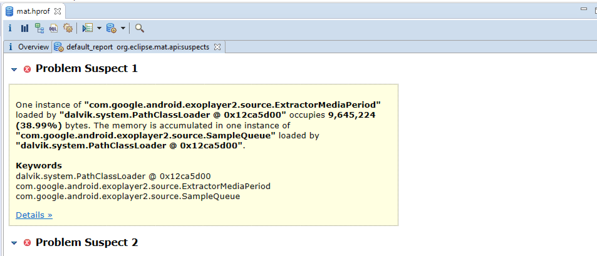 The memory is accumulated in one instance of "com.google.android.exoplayer2.source.SampleQueue ...