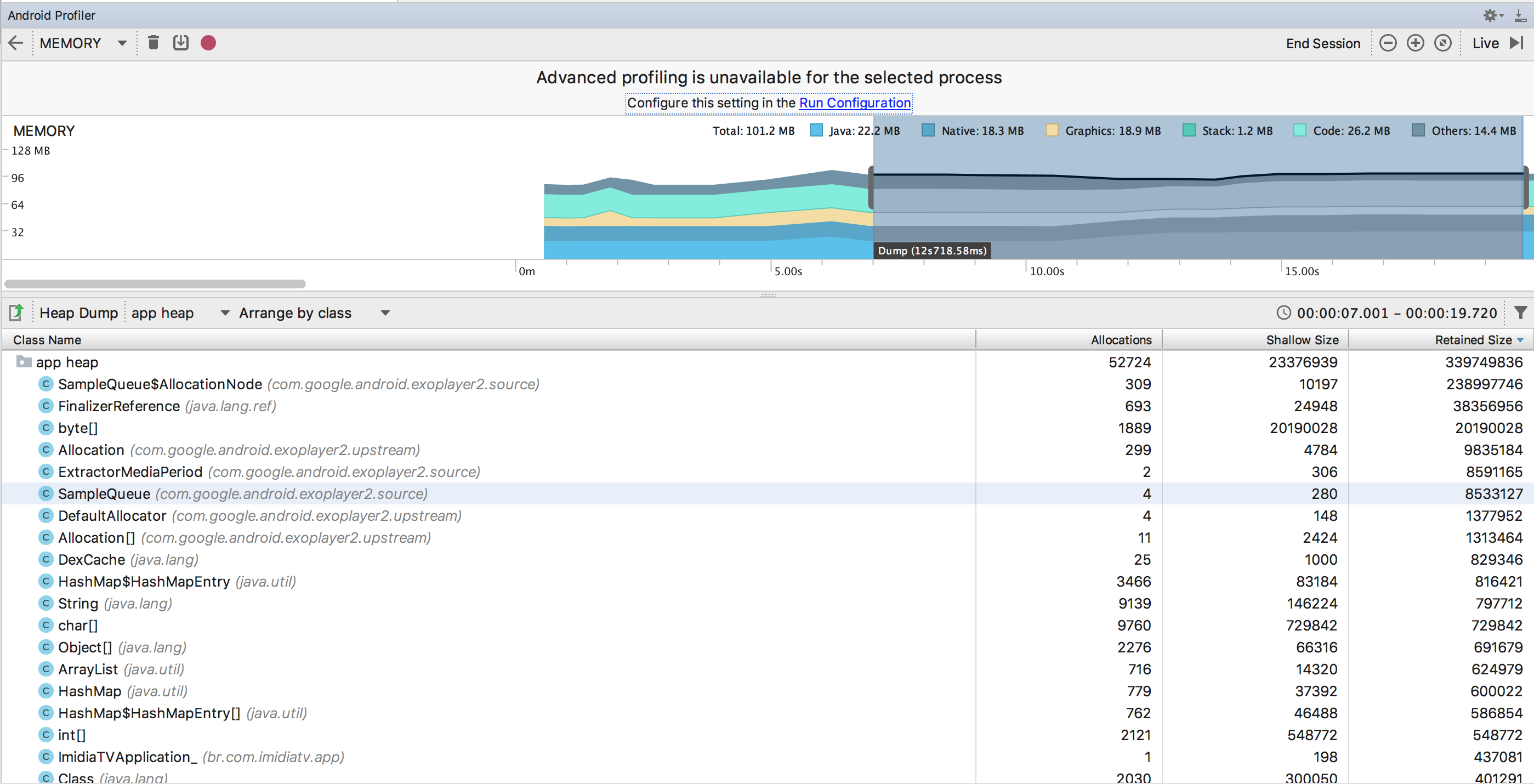 The memory is accumulated in one instance of "com.google.android.exoplayer2.source.SampleQueue ...