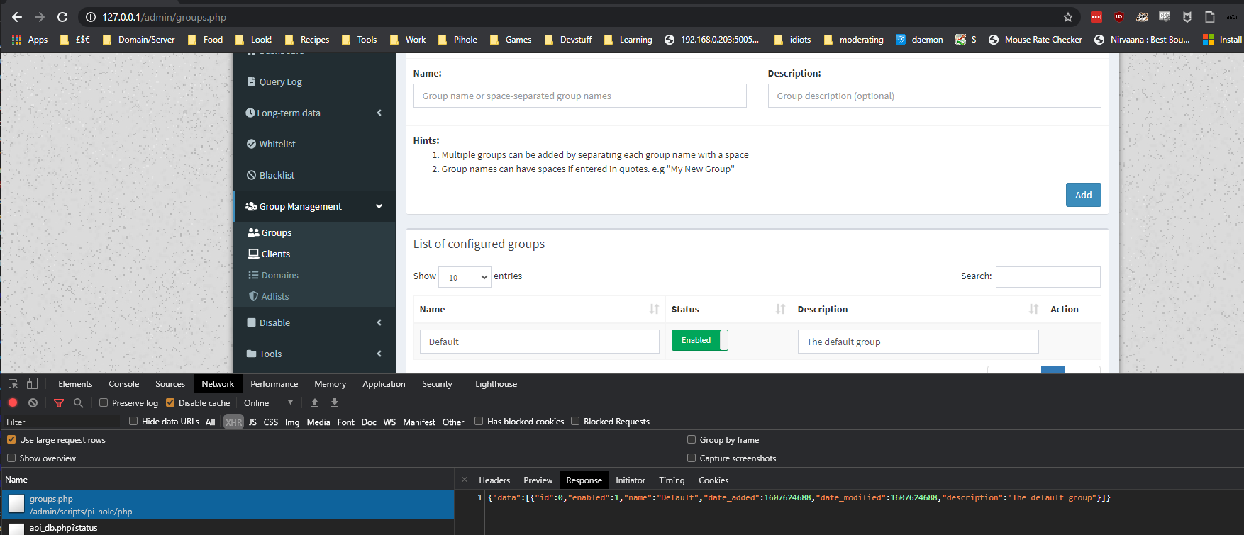 table id=groupsTable - Invalid JSON response · Issue #1670 · pi-hole/web · GitHub