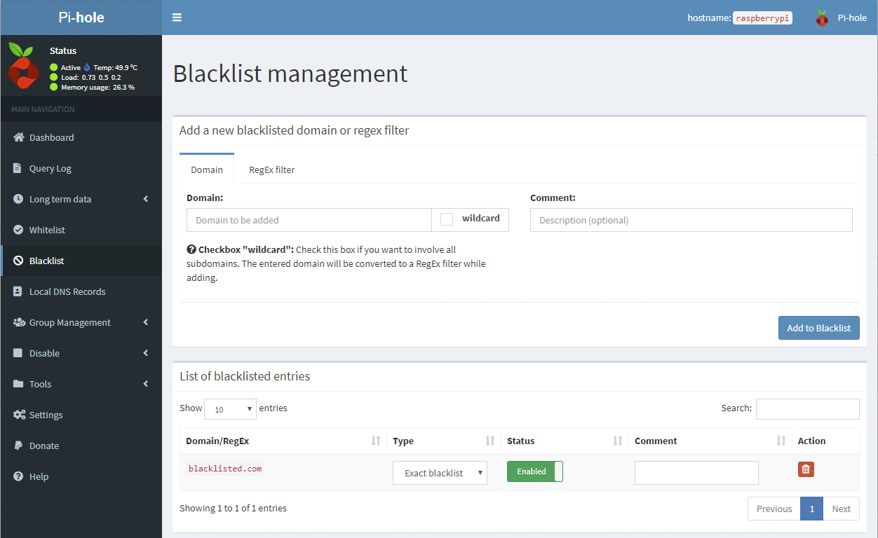 Attempting to whitelist a blacklisted domain fails, but produces a ...