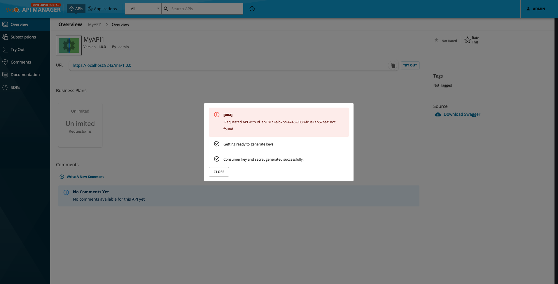 Clicking on the TRY OUT button for Prototyped API in the Devportal ...