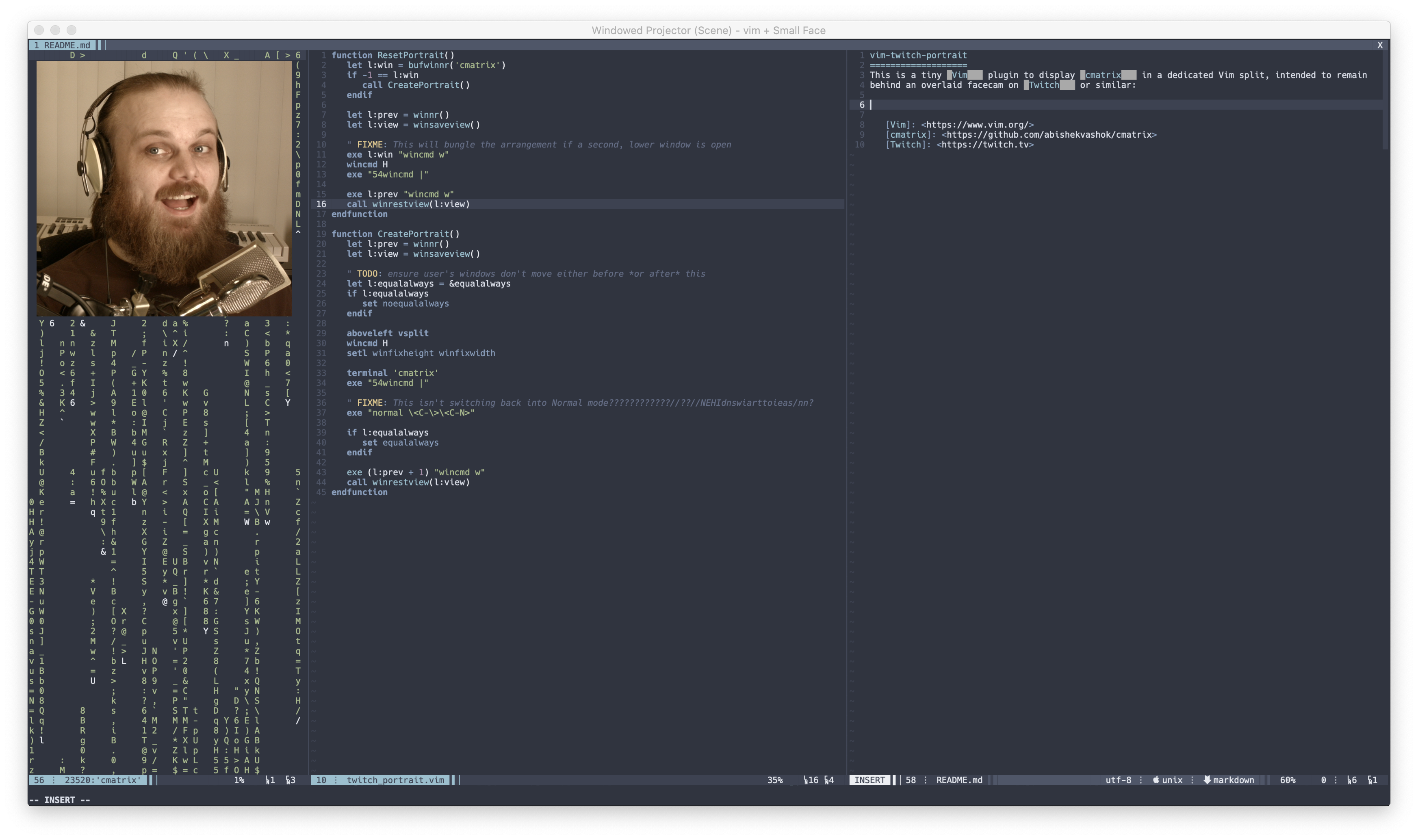 GitHub - ELLIOTTCABLE/vim-twitch-portrait: Vim plugin with helpers to maintain `cmatrix` in a ...
