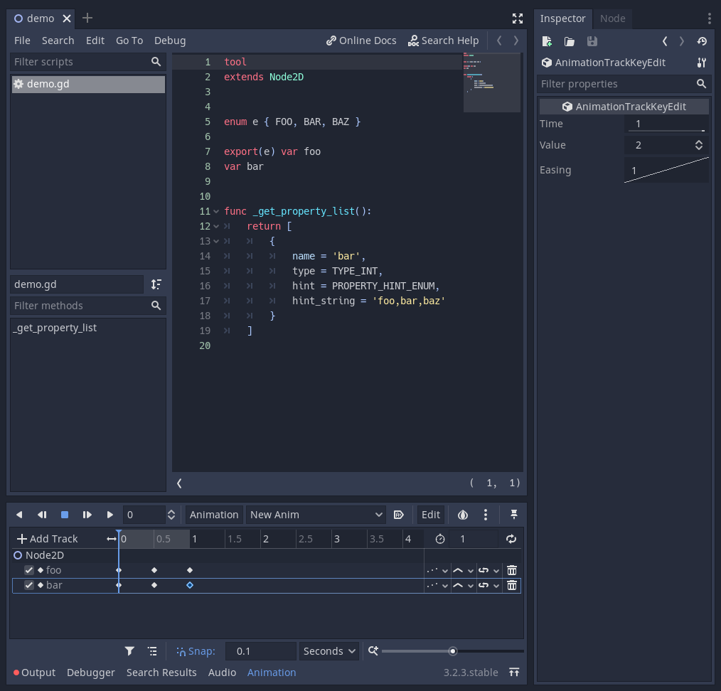 Enumerated properties exported via _get_property_list() only appear as integers in the keyframe ...